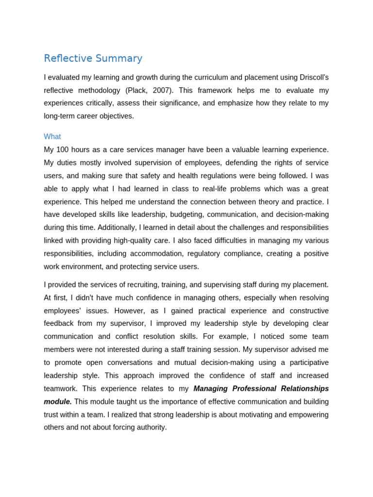 Healthcare Reflection Summary | PDF | Leadership | Social Work