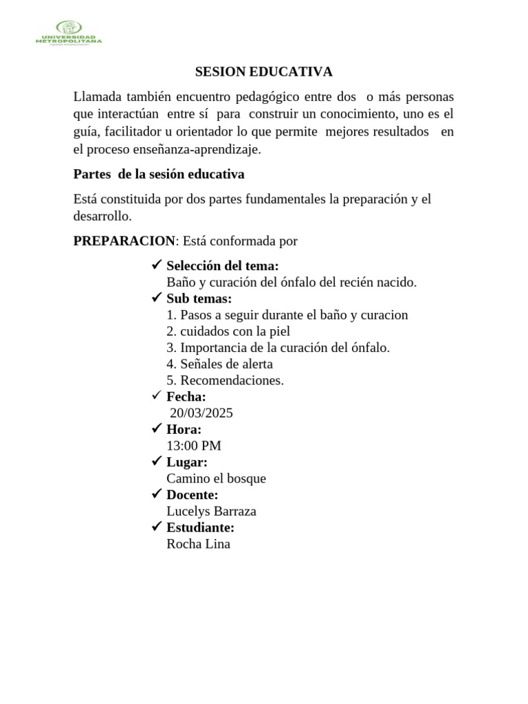 Plan de Sesion Educativa Sobre Baño y Curacion Del Onfalo | PDF ...