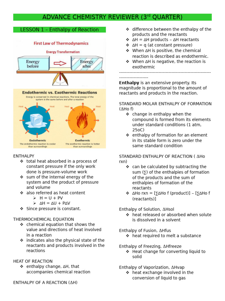 Advance Chemistry Reviewer 3 | PDF | Gibbs Free Energy | Enthalpy