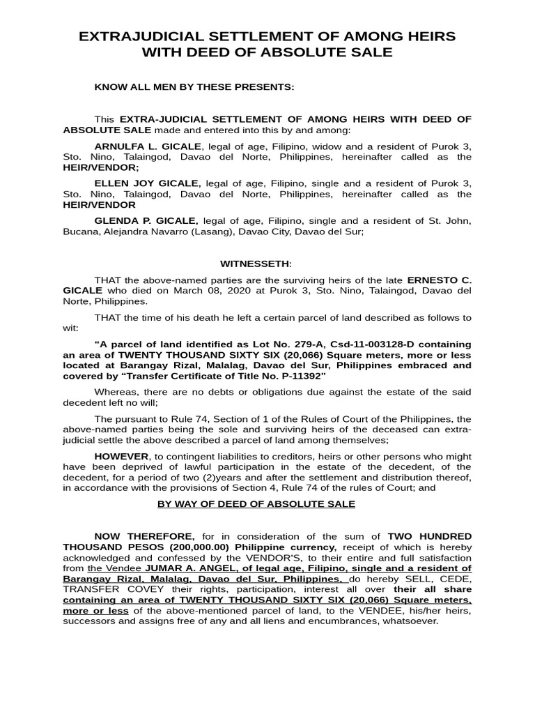 EXTRAJUDICIAL SETTLEMENT OF AMONG HEIRS WITH DEED OF ABSOLUTE SALE ...