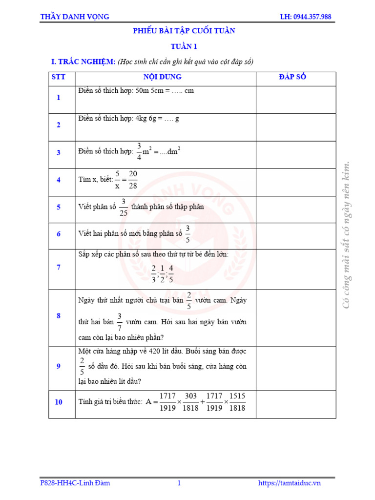 Toan 5 - Phieu Bai Tap Tuan 1 | PDF