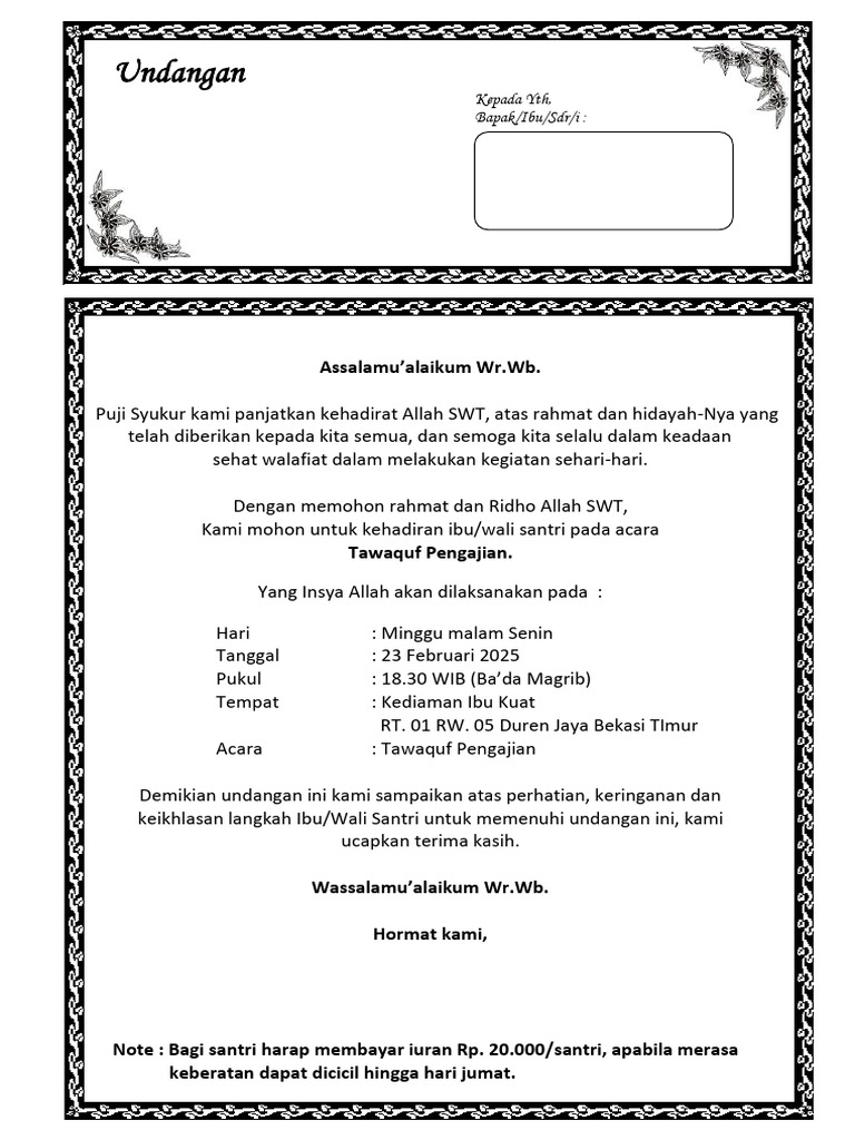 Undangan Tawaquf Pengajian Santri | PDF