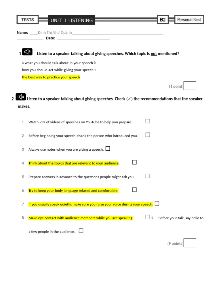 Am PB RTM B2 Listening U1 | PDF | Speech | Learning