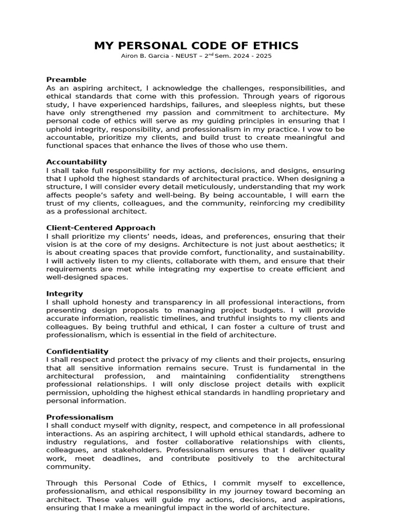 My Personal Code of Ethics-Term Project | PDF | Confidentiality