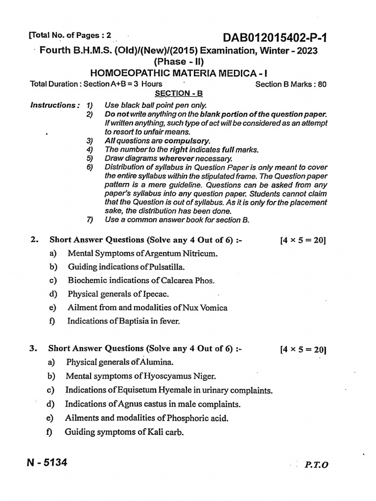 4th BHMS (2015) - 2023 - Winter - Question Paper | PDF
