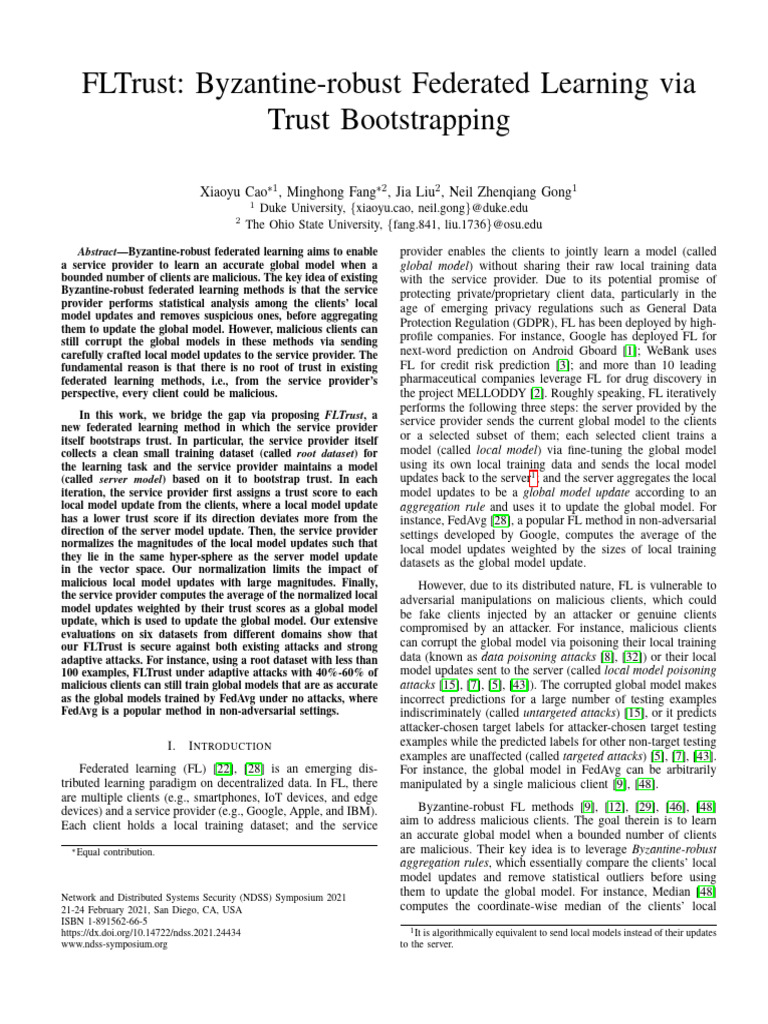 FLTrust - Byzantine-Robust Federated Learning Via | PDF | Applied Mathematics