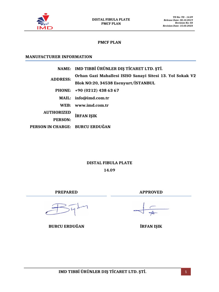 Td - 14.09 Pmcf Plan - Rev.03 | PDF | Medical Device | Implant (Medicine)