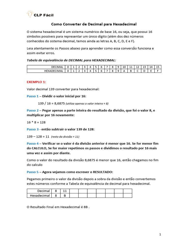 Como Converter de Decimal Para Hexadecimal | PDF | Decimal | Divisão ...