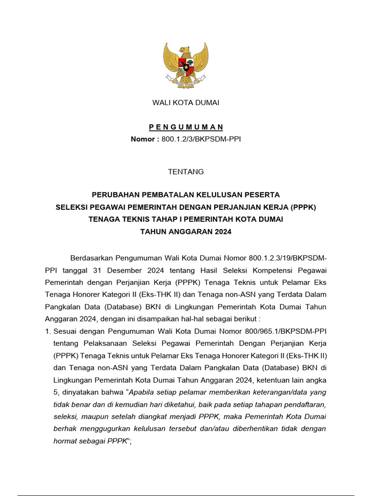 Perubahan Pembatalan Kelulusan Peserta PPPK Teknis Tahap 1 | PDF