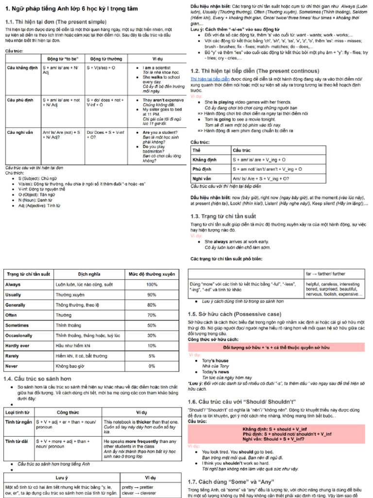 Tổng Hợp Ngữ Pháp Ta 6 | PDF