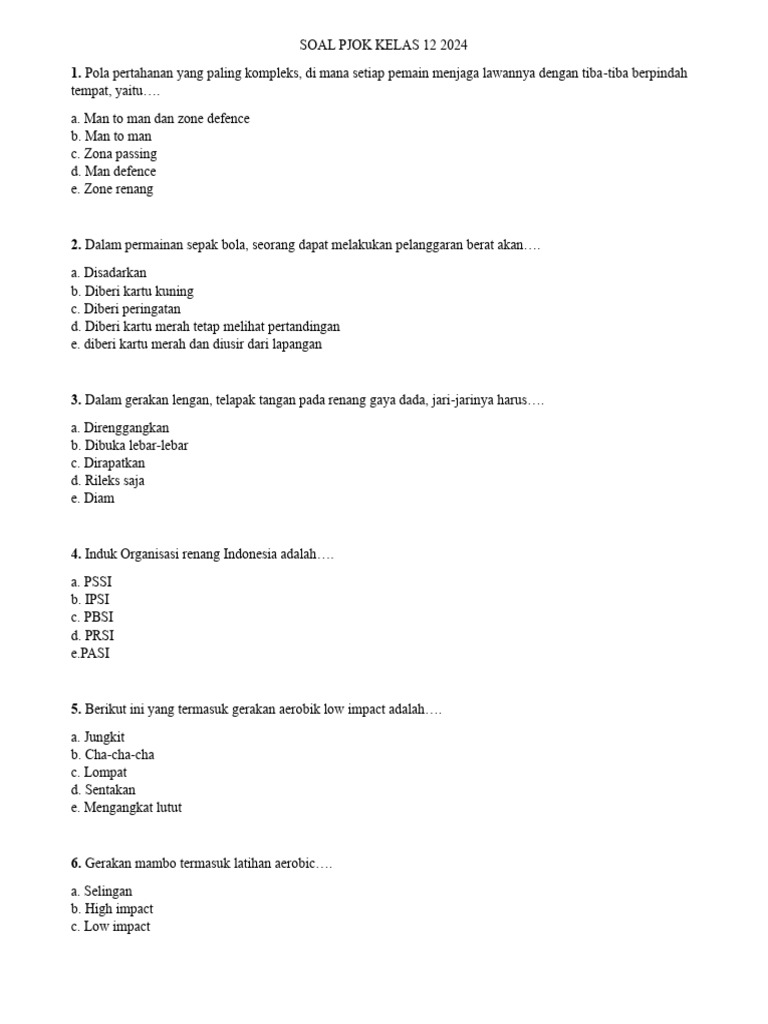 SOAL PSAJ PJOK KELAS 12 2025 | PDF