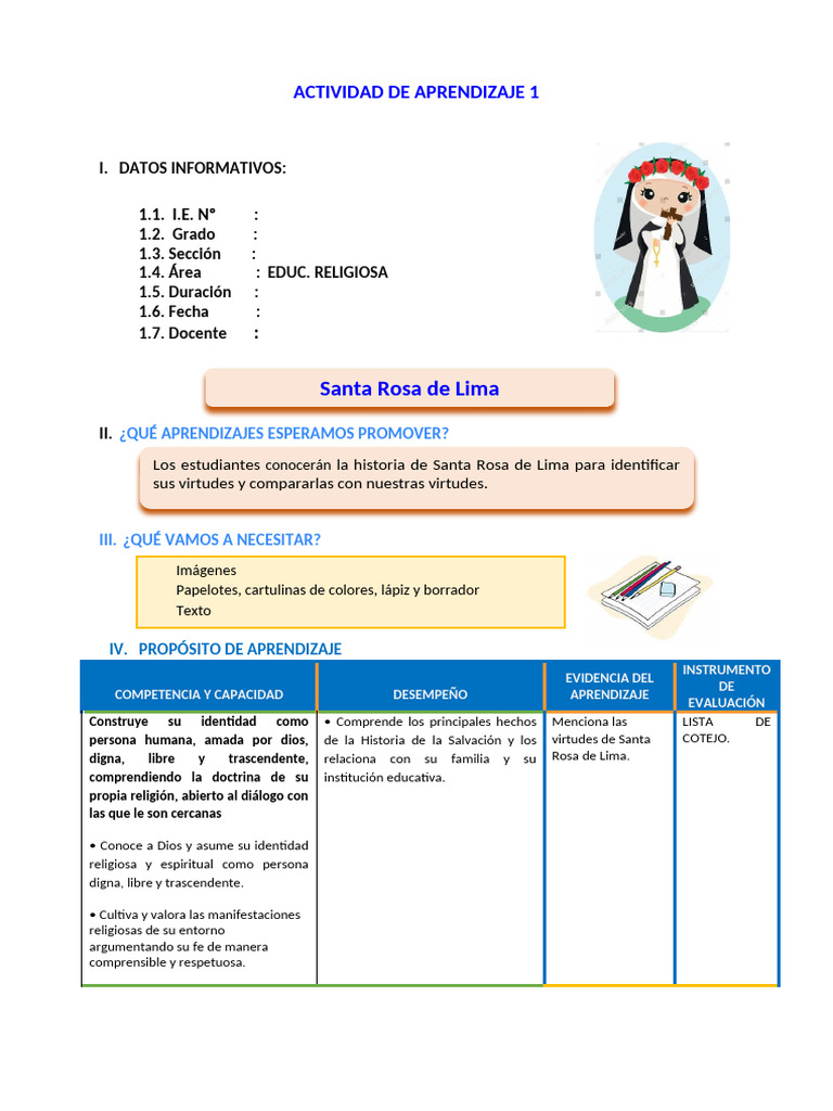 D2 A2 SESION REL. Santa Rosa de Lima | PDF | Oración | Amor