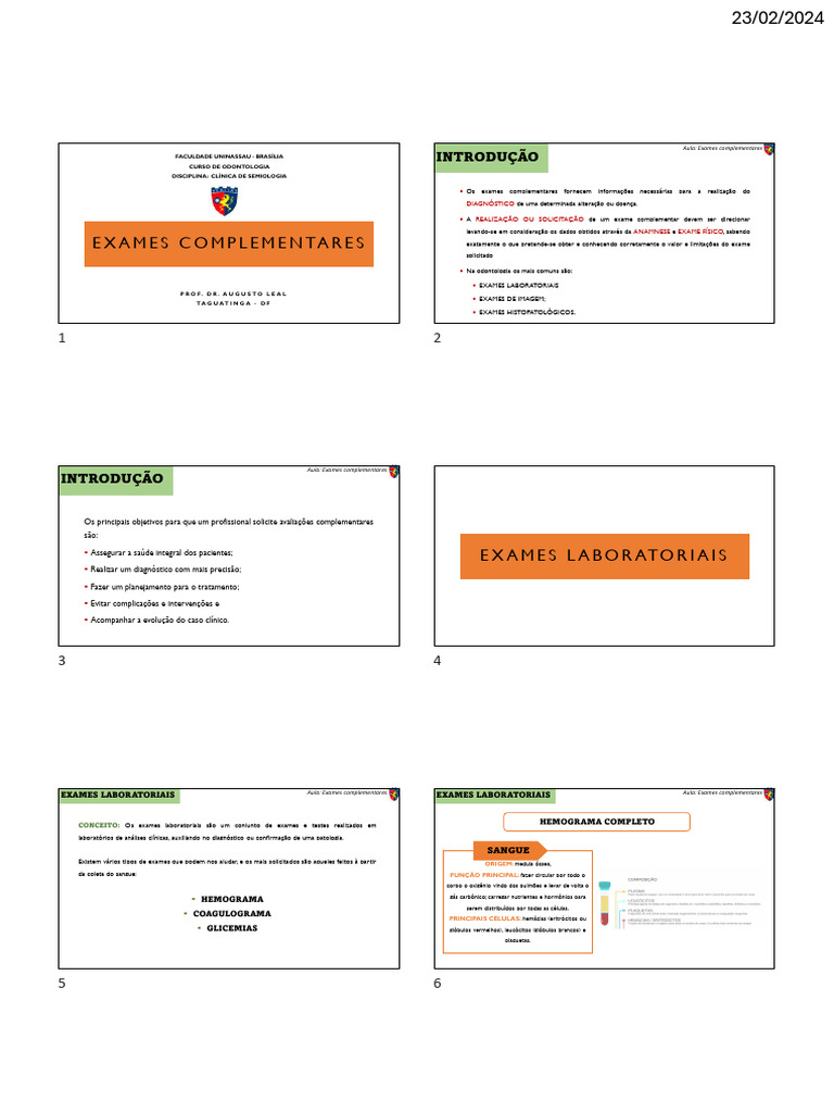 Aula 3 - Exames Complementares Prof. Augusto Leal. | PDF | Glóbulo branco | Sangue