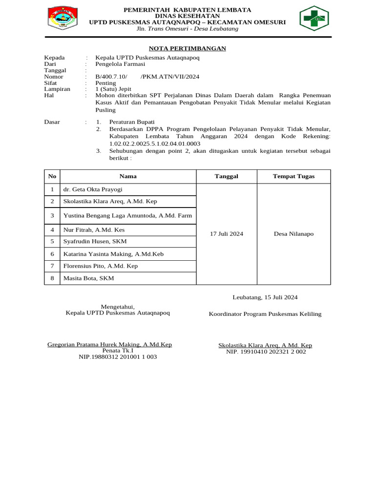 Nota Pertimbangan Perjalanan Dinas | PDF