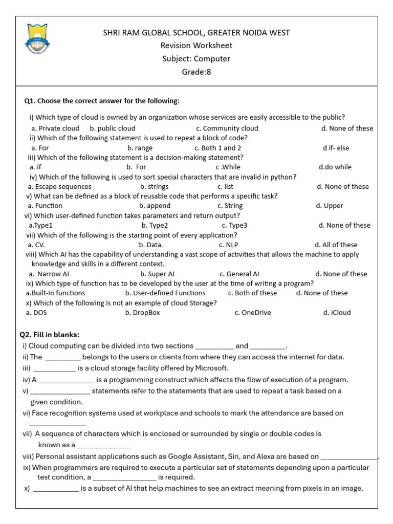 AI Revision Worksheet for Grade 8 | PDF | Artificial Intelligence ...