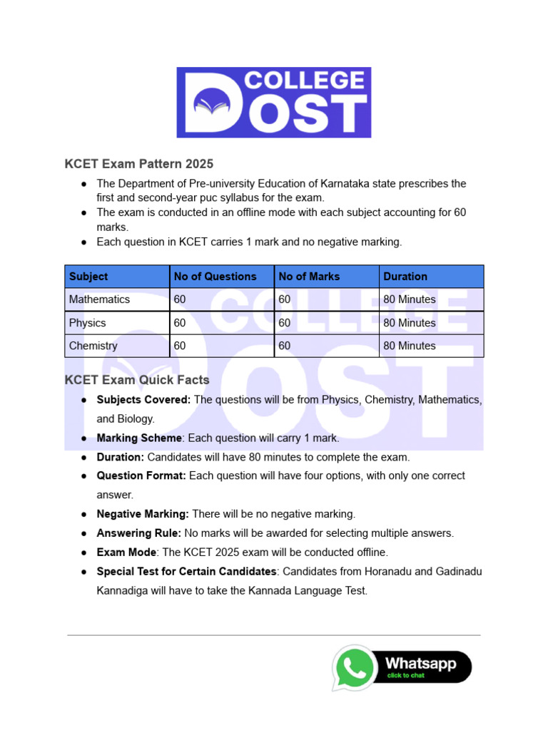 KCET Exam Pattern 2025 | PDF