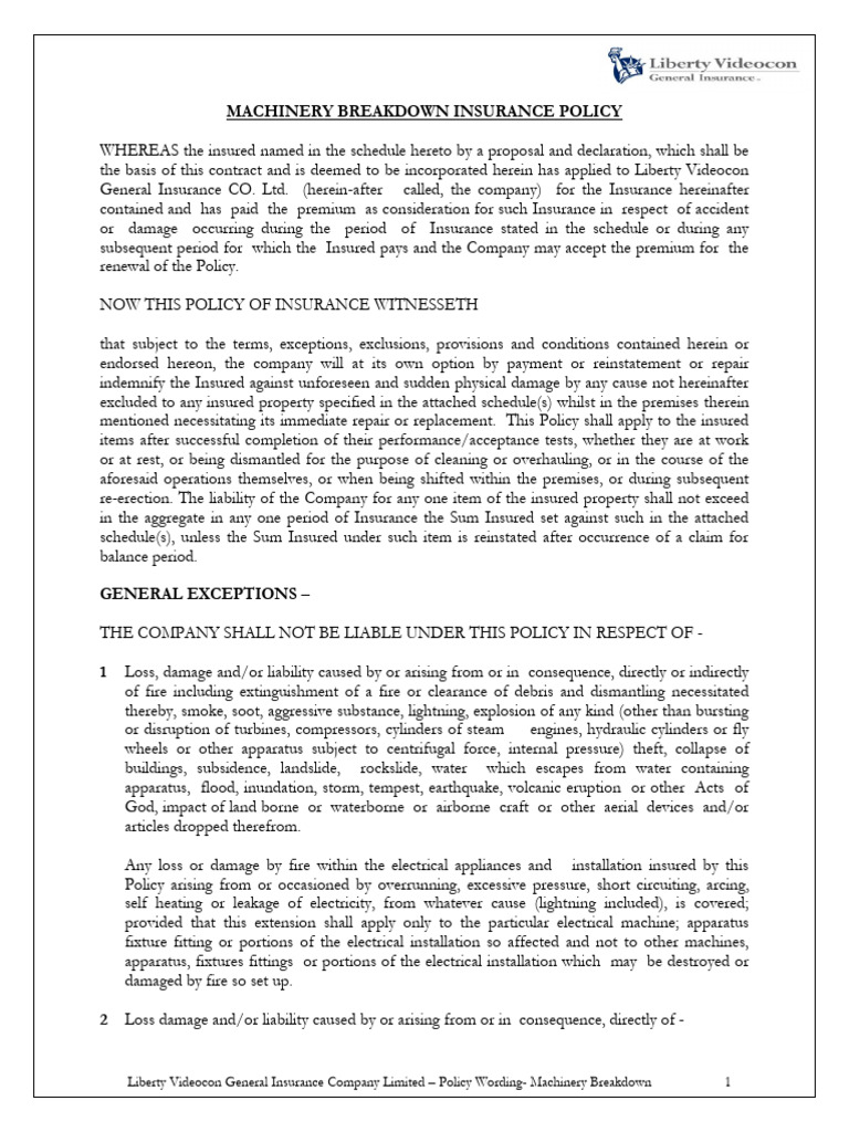 Machinery Breakdown Insurance Policy Exclusions | PDF | Insurance ...