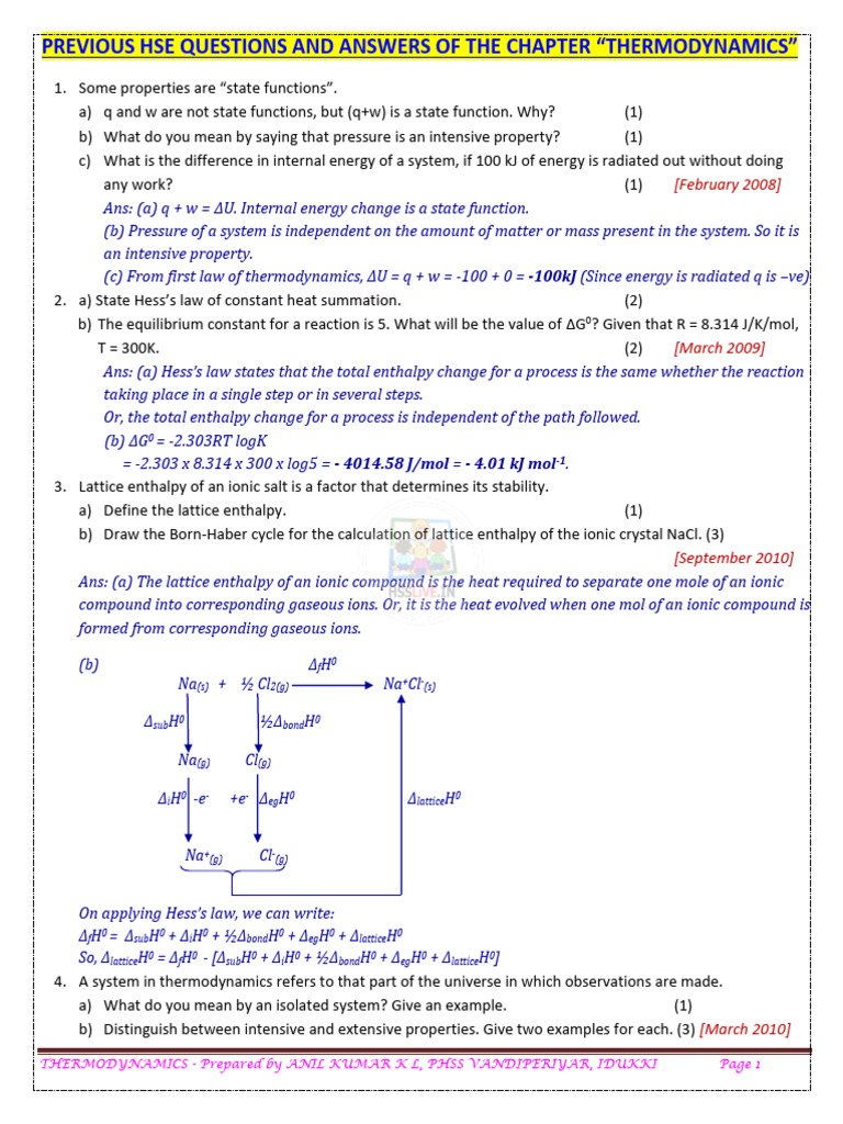 Hsslive Xi QB Key 5. Thermodynamics Q & A | PDF | Enthalpy | Gibbs Free Energy