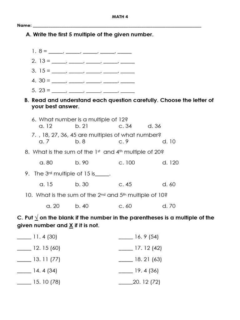 Math Multiples Practice Worksheet | PDF