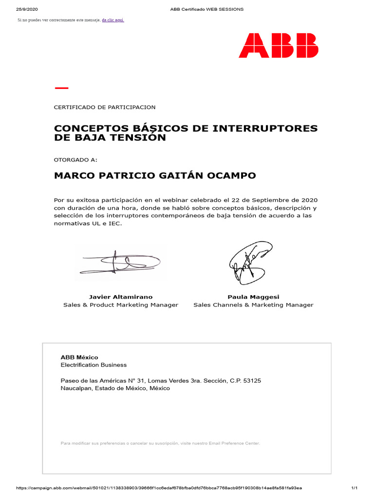 Certificado Webinar Interruptores UL 2250 | PDF