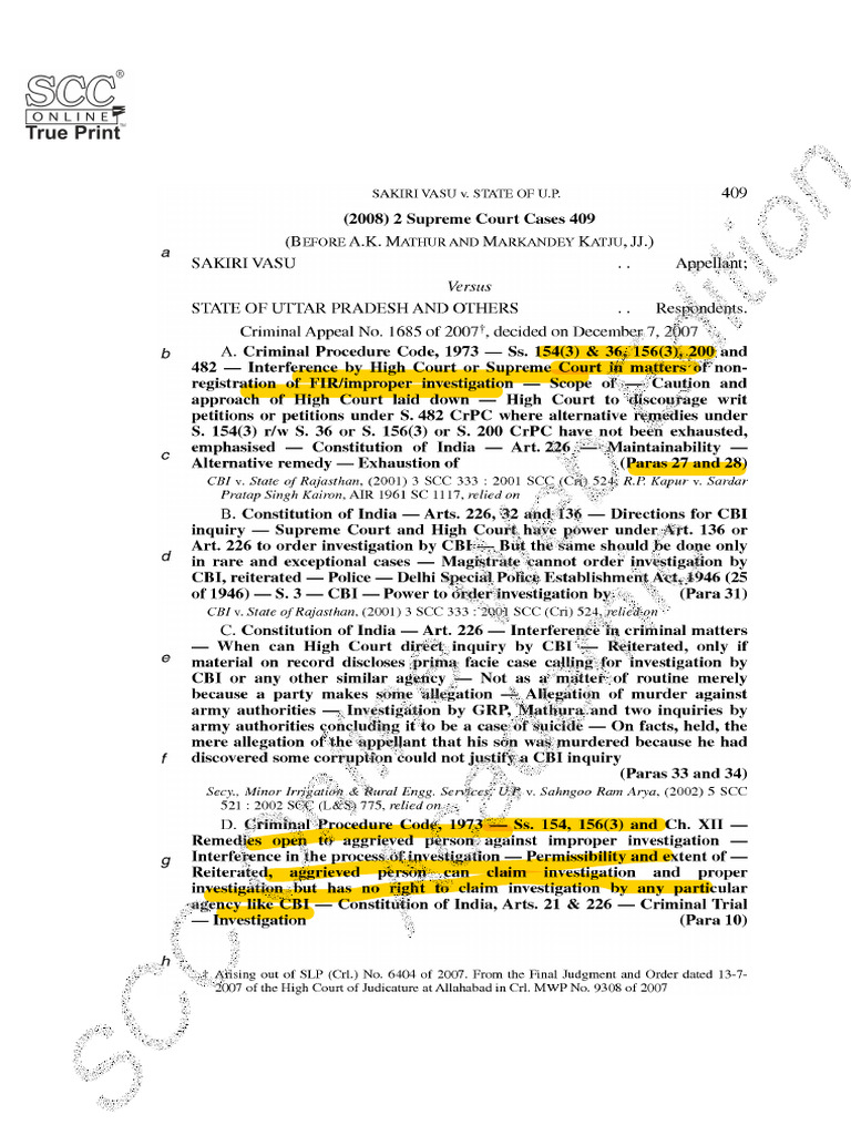 Sakiri Vasu v. State - Secgion 156 (3) - Remedies For Improper Investigation | PDF | Freedom Of ...