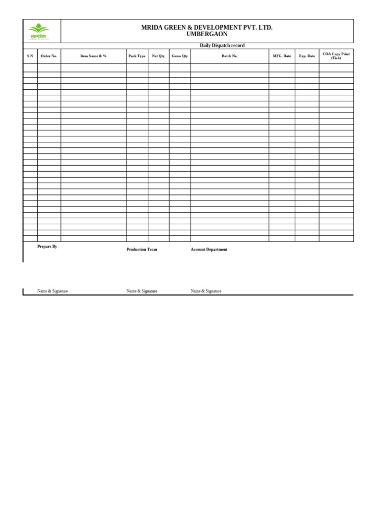 Daily Dispatch Record Format | PDF