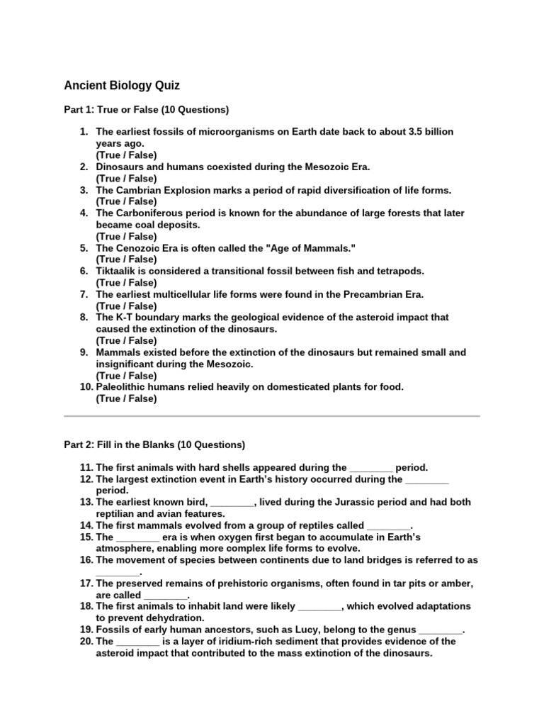 Ancient Biology Quiz: True or False | PDF