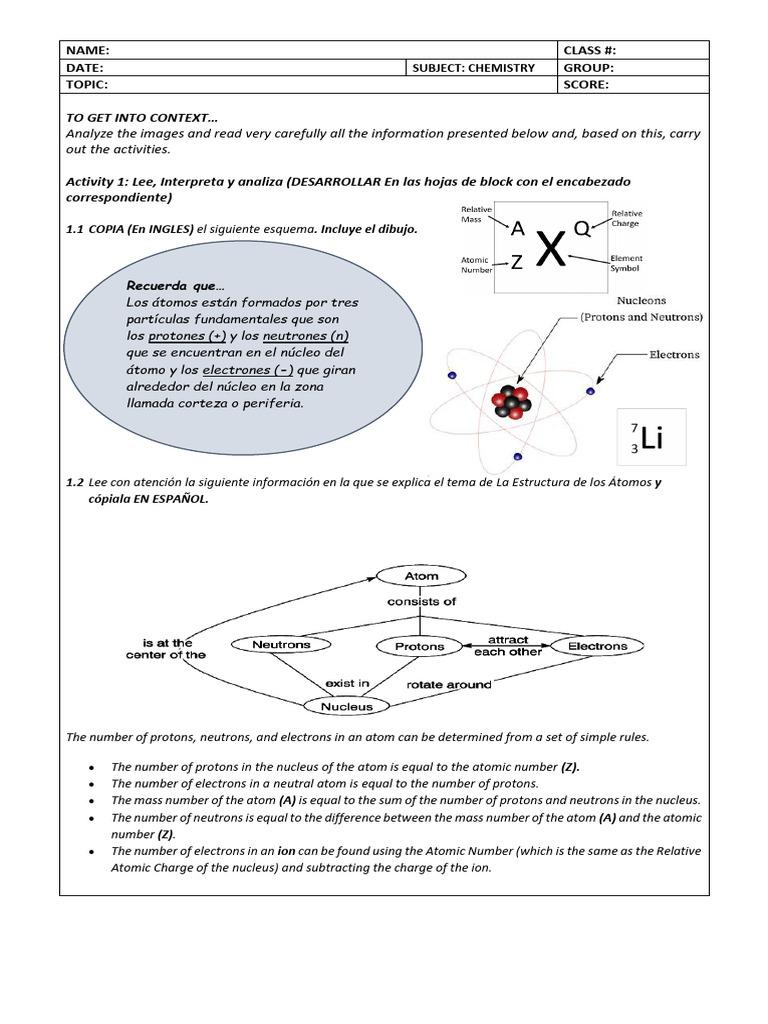 Activity 2 Chemistry Booklet SEVENth Grade AtomicStructure2025 | PDF ...