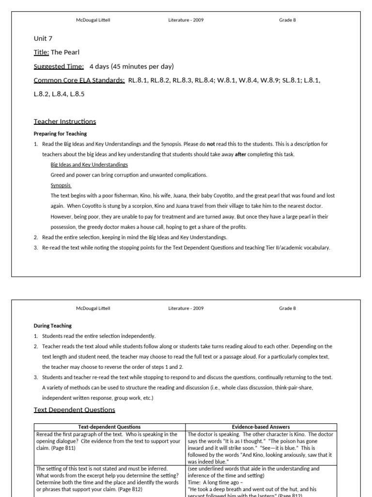 Teaching "The Pearl" in Grade 8 | PDF
