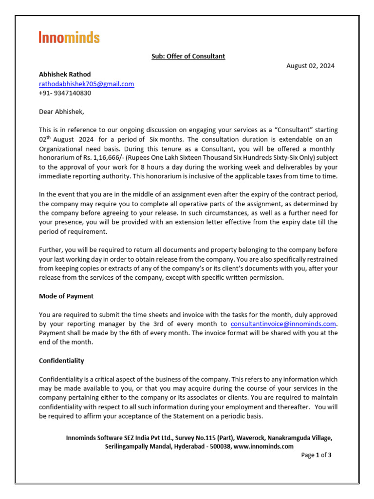 Consultant - Letter of Offer - Abhishek Rathod | PDF