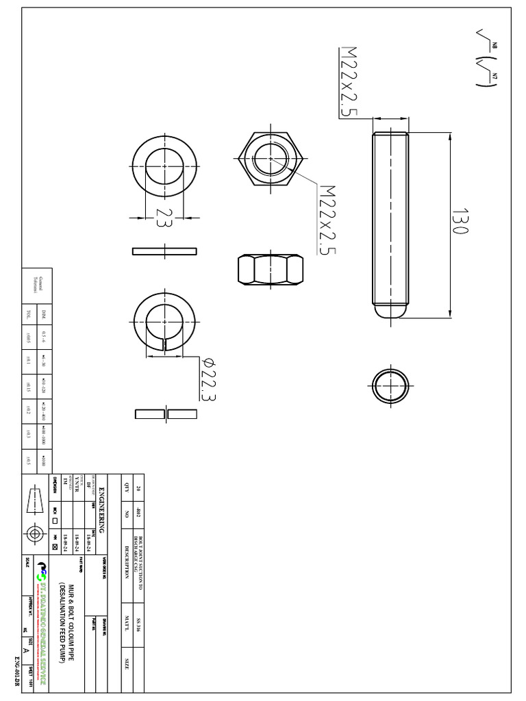 Stud Bolt Pedestal to Base Plate, Ss410, m22x2.5x130mm (Mur, Ring Plate ...
