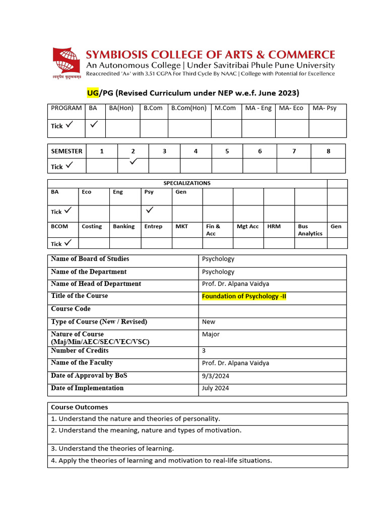 FYBA Maj 2 NEP - 3 Credits 2024-25 | PDF | Psychology | Motivational