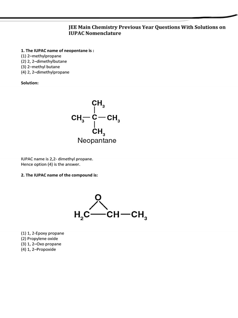 JEE Main Chemistry Previous Year Questions With Solutions On IUPAC ...