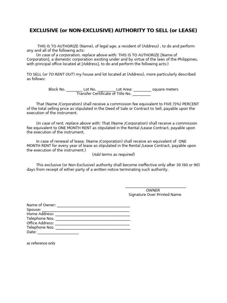 Authority to Sell or Lease Property Form | PDF