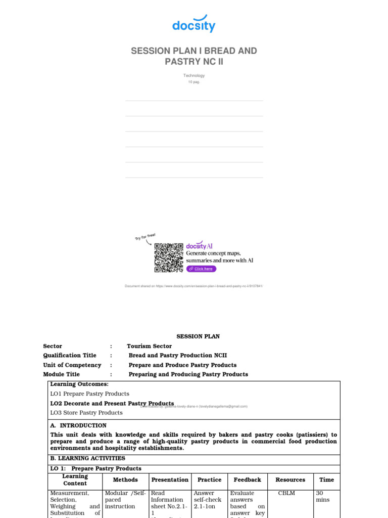 Docsity Session Plan I Bread and Pastry NC II | PDF | Baking | Spoon
