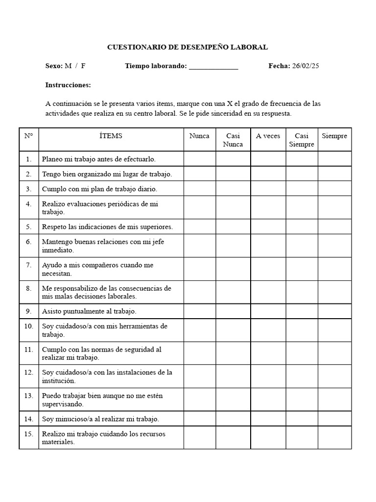 Cuestionario de Desempeño Laboral | PDF