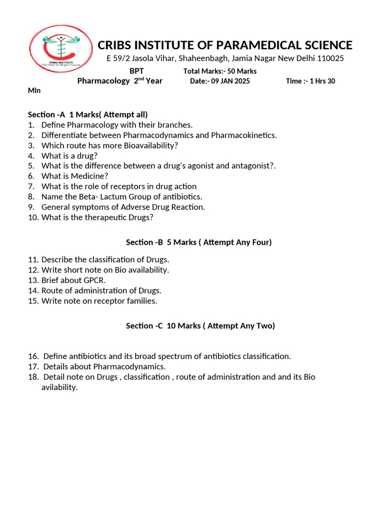 Pharmacology Question Paper (2nd Year BPT) | PDF