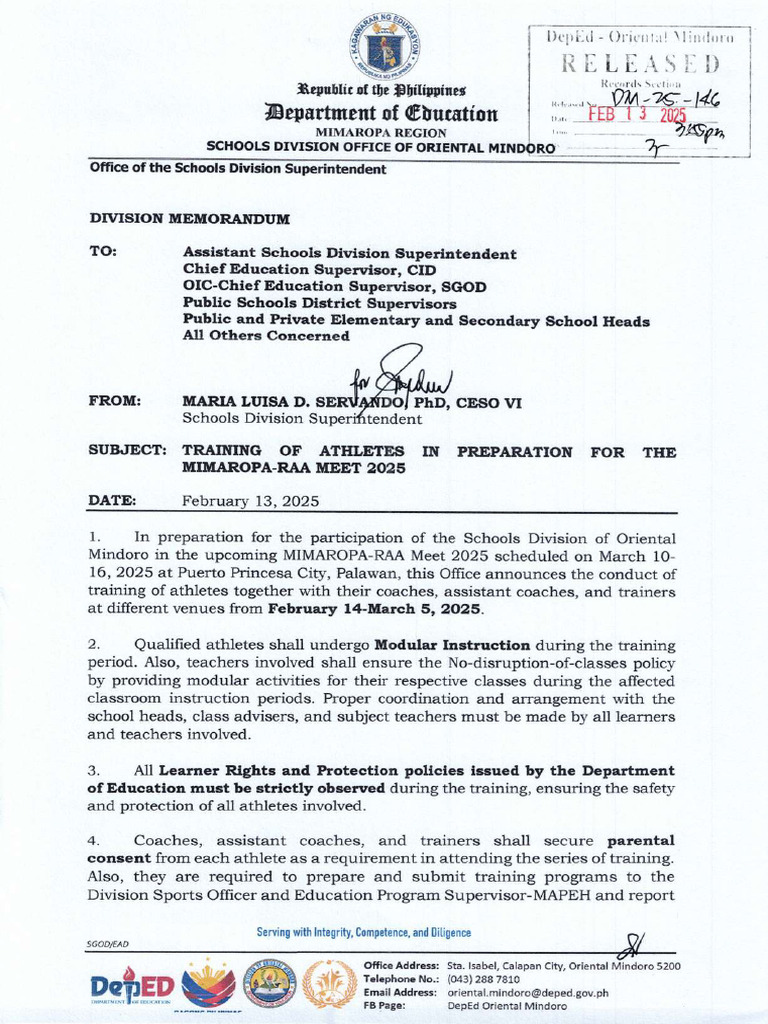 DM Training of Athletes in Preparation For The MIMAROPA RAA Meet 2025 | PDF