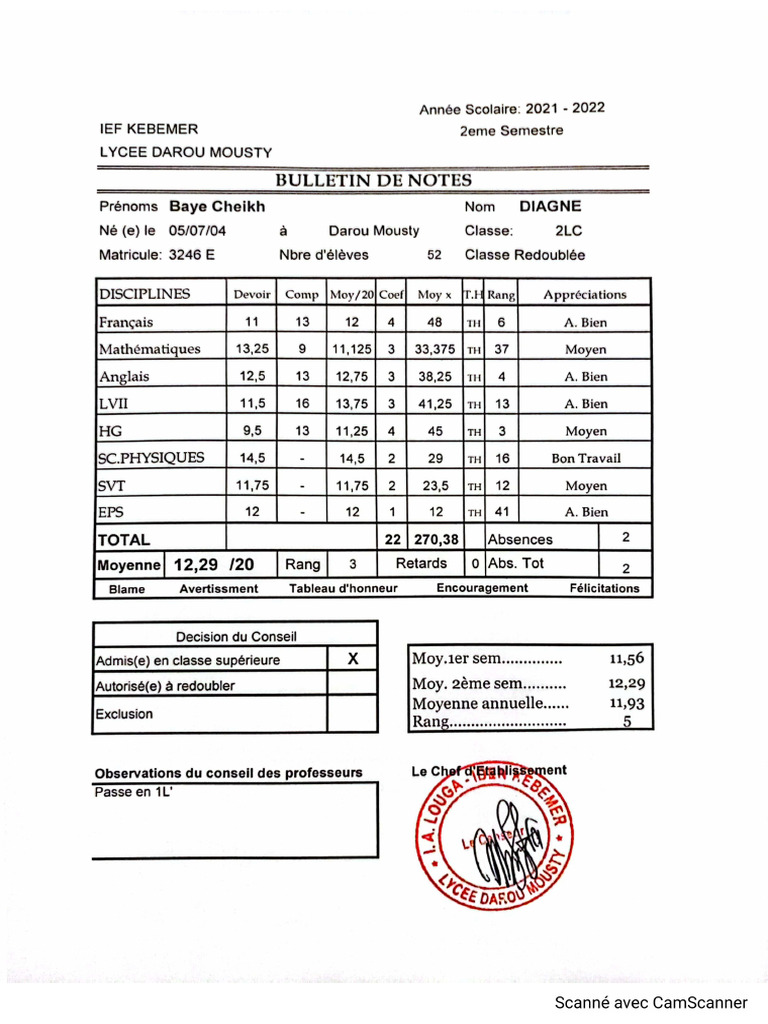 Bulletin Seconde Deuxième Semestre | PDF