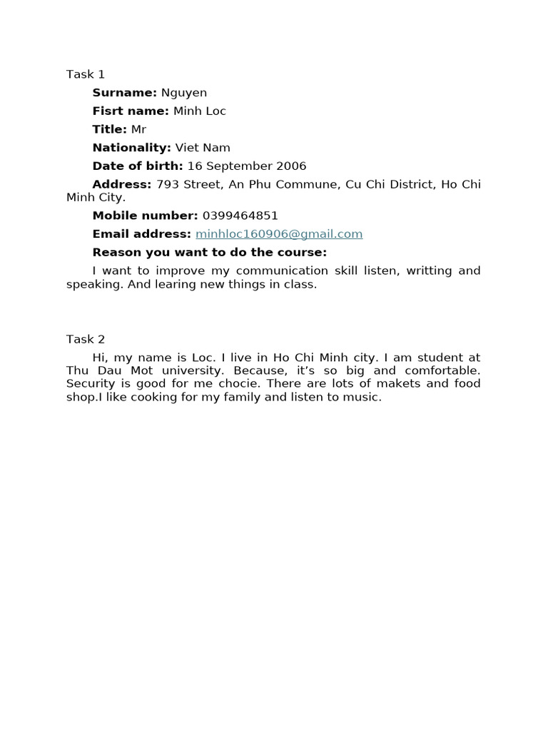 Surname: Fisrt Name: Title: Nationality: Date of Birth: Address: Mobile ...