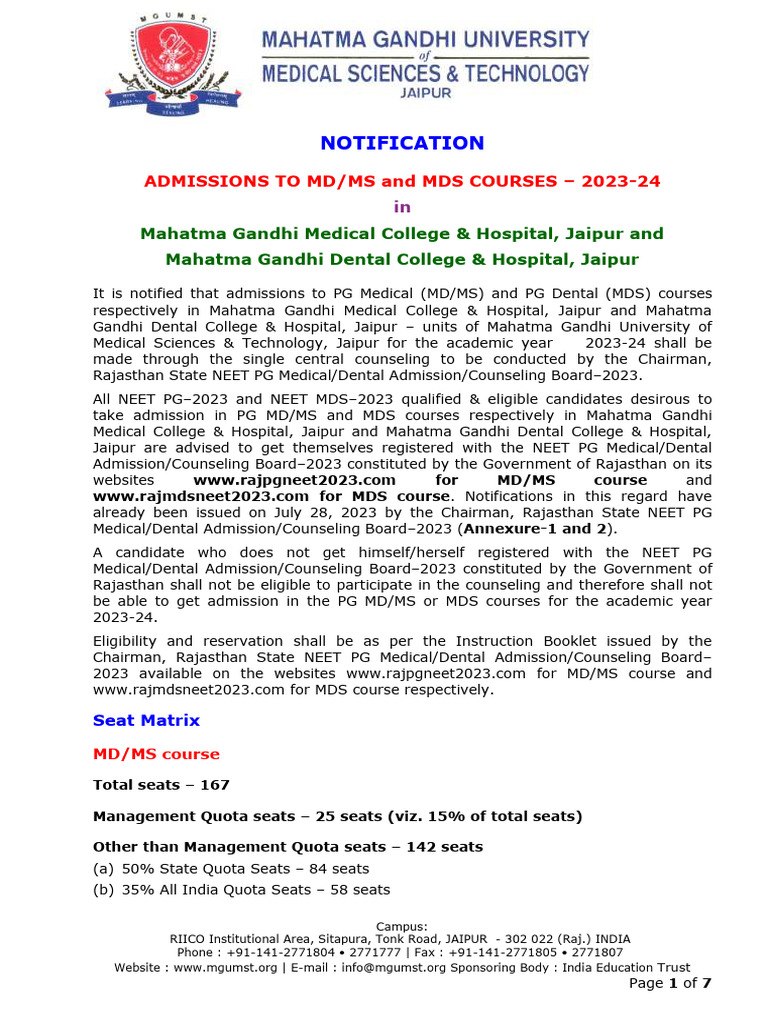 Admission Notification - MD-MS and MDS Courses - 2023-24 | PDF | Doctor ...