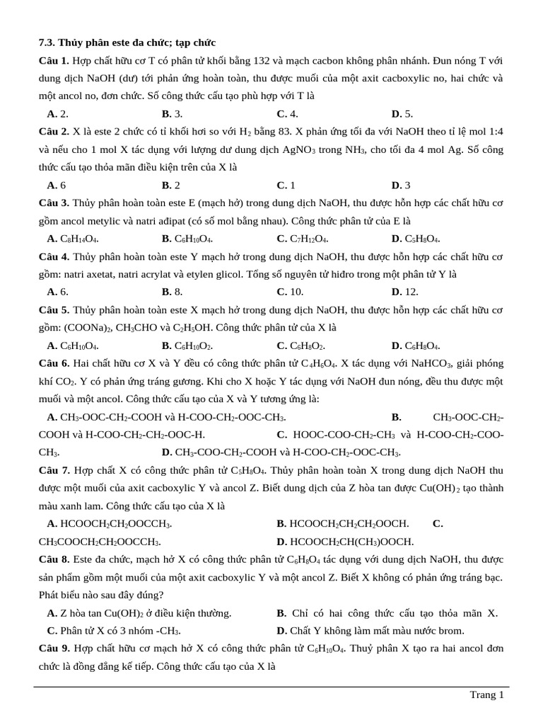 7.3. TH y Phân Este Đa CH C T P CH C Câu 1 | PDF
