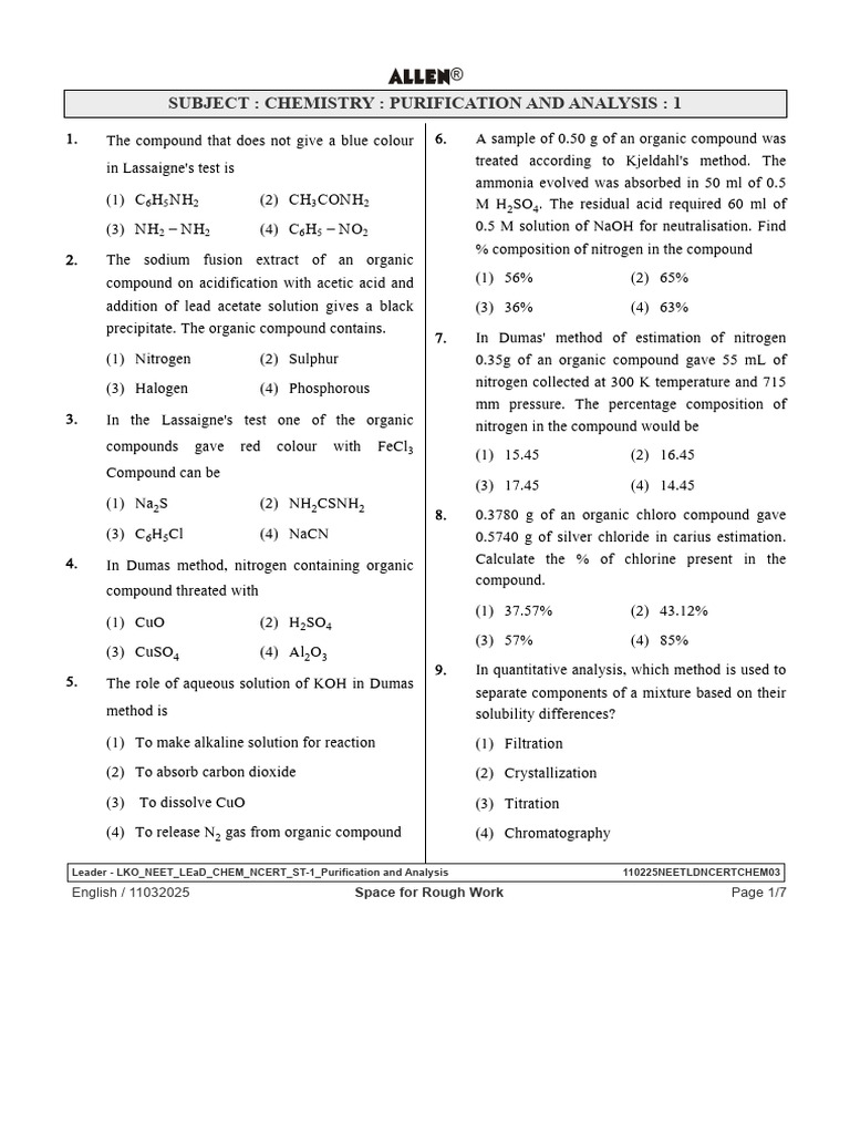 110225NEETLDNCERTCHEM03-Purification and Analysis - Sheet-1 | PDF | Chemistry | Chemical Substances