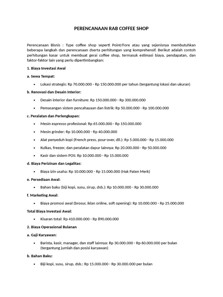 Perencanaan Bisnis Coffee Shop | PDF