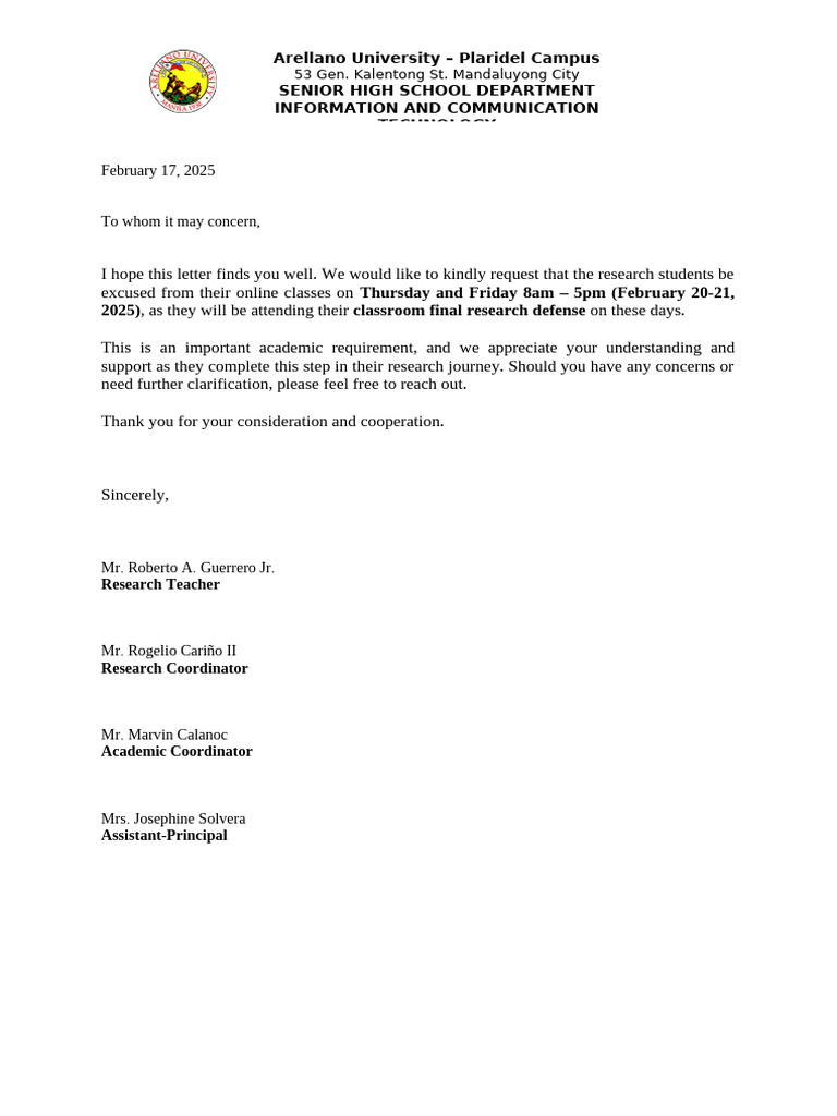 Excuse Letter for Research Defense | PDF