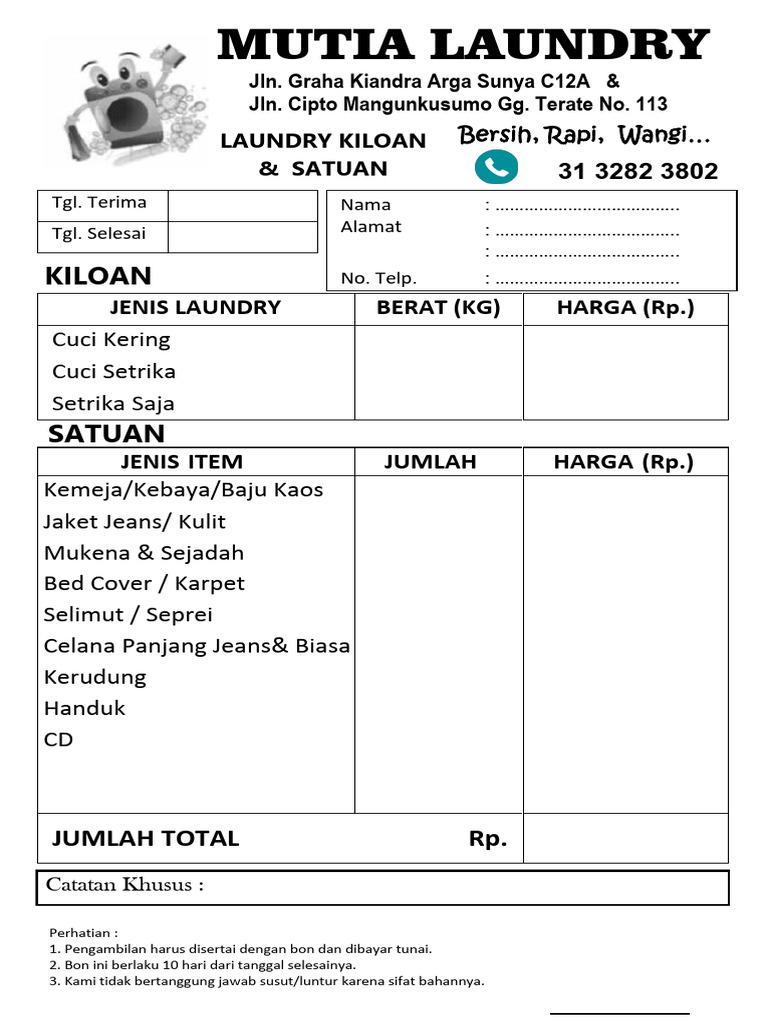 Nota Laundry Kiloan Mutia Laundry | PDF