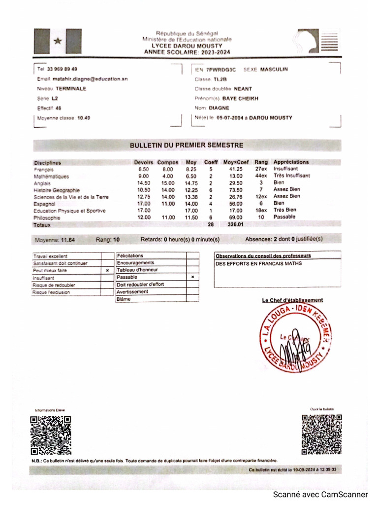 Bulletin Première Première Semestre | PDF