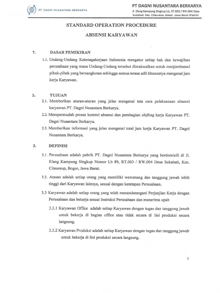 SOP ABSENSI KARYAWAN PT DAGNI NUSANTARA BERKARYA (Final Ver.) | PDF