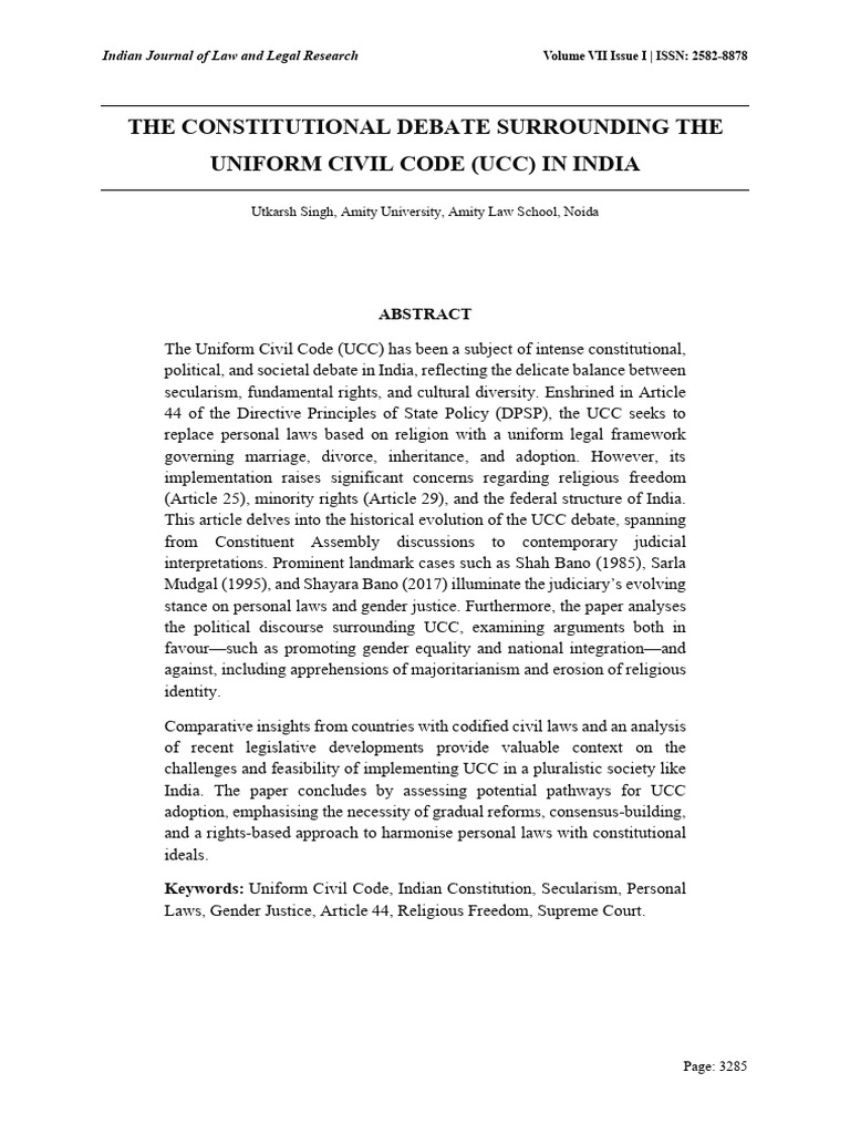 The Constitutional Debate Surrounding the Uniform Civil Code (Ucc) in ...