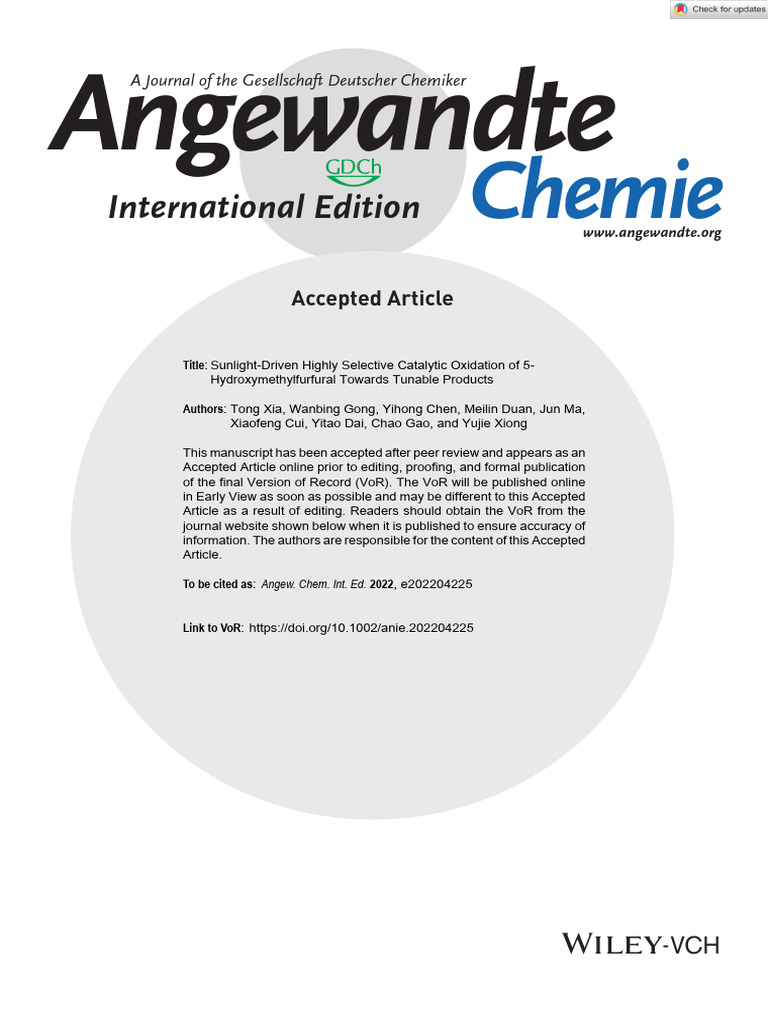 Angew Chem Int Ed - 2022 - Xia - Sunlight‐Driven Highly Selective Catalytic Oxidation of 5 ...